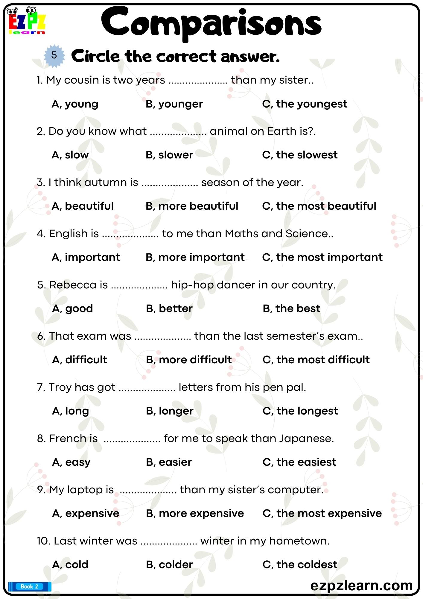 Adjectives Circle and write the correct adjective. Printable Grammar Worksheet Bk2 PDF ...